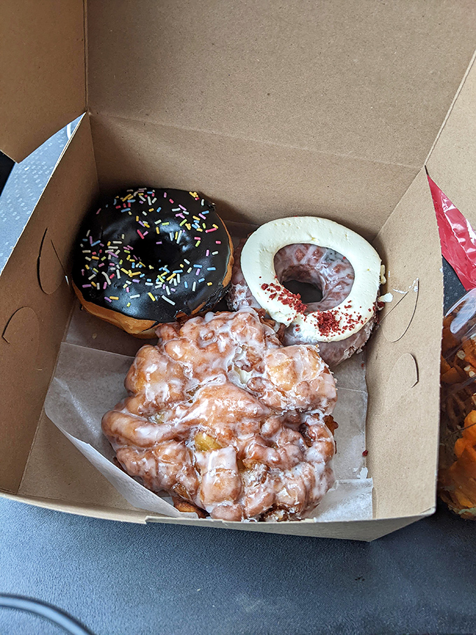 The ultimate breakfast trifecta: chocolate with sprinkles, something cream-filled, and that glorious fritter stealing the spotlight.