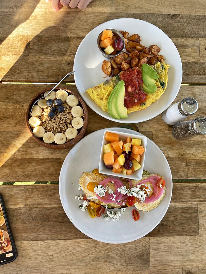 Behold the omelet that launched a thousand Instagram posts. Fresh avocado and salsa transform ordinary eggs into a Southwest morning masterpiece.