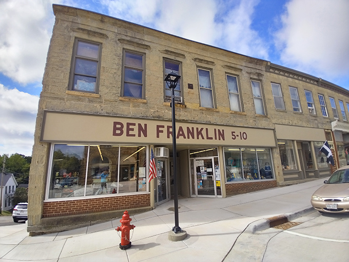 Even the Ben Franklin store has character here. When was the last time you saw a limestone façade on a five-and-dime? That's Mineral Point for you.