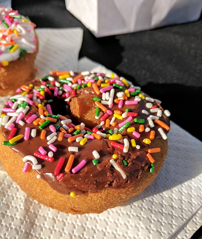 Chocolate frosting meets rainbow sprinkles in a marriage made in Kansas sugar heaven. This isn't just a donut—it's edible joy.