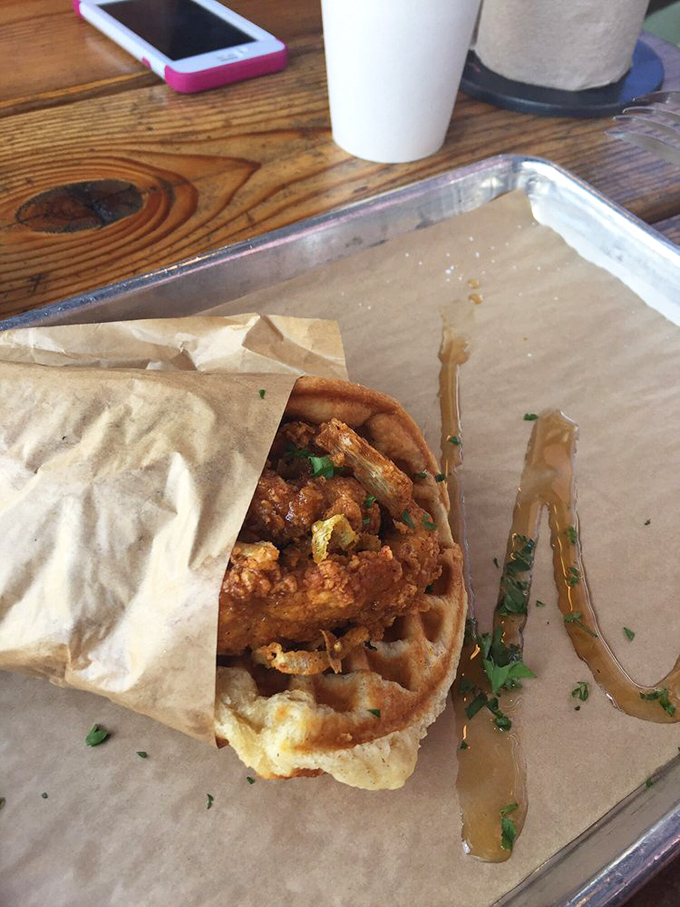 The waffle sandwich that launched a thousand road trips. Worth every mile of Oklahoma highway.