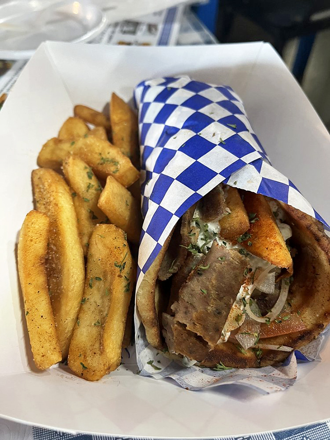 Meat carved with precision, wrapped with care, and served with fries that could start their own cult following. Gyro nirvana achieved.