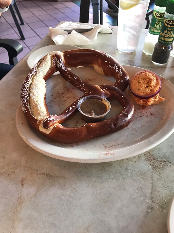 Pretzel perfection meets mustard magic. In the background, a sandwich looks on with envy, knowing it can never achieve such carb-based celebrity status.