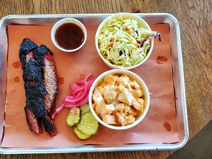 A barbecue trinity that would make any Texan nod in approval&mdash;brisket, mac and cheese, and slaw creating perfect harmony on a humble tray.