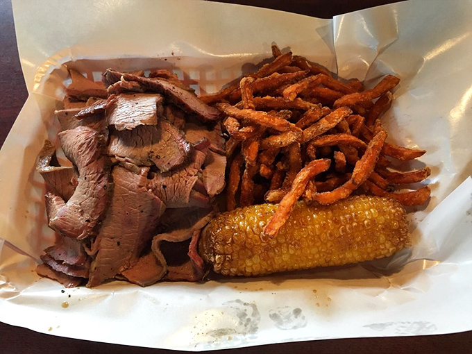 Meat and three, St. Louis style&mdash;tender sliced beef, crispy sweet potato fries, and roasted corn on the cob that tastes like summer itself.