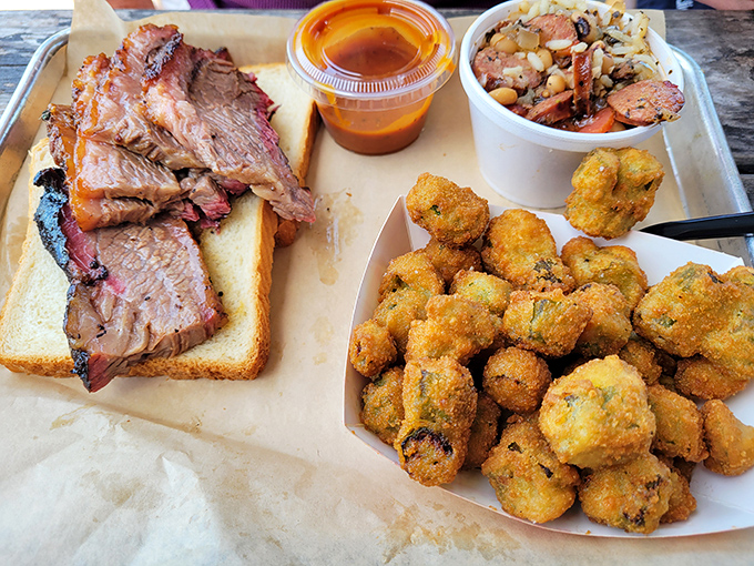 Brisket on white bread&mdash;proof that simplicity can be revolutionary. The fried okra adds a Southern exclamation point to the plate. 