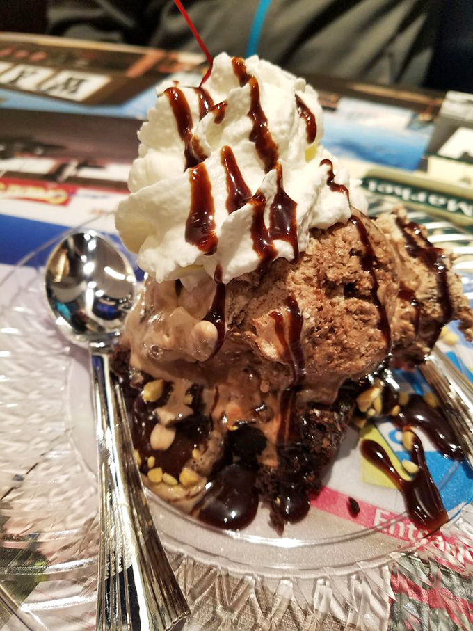 This brownie sundae isn't just dessert—it's architecture. The chocolate-to-ice-cream ratio displays mathematical precision that would make Einstein proud.