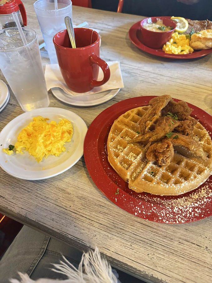 Chicken and waffles with eggs on the side&mdash;because sometimes breakfast can't make up its mind, and that's perfectly fine by me.