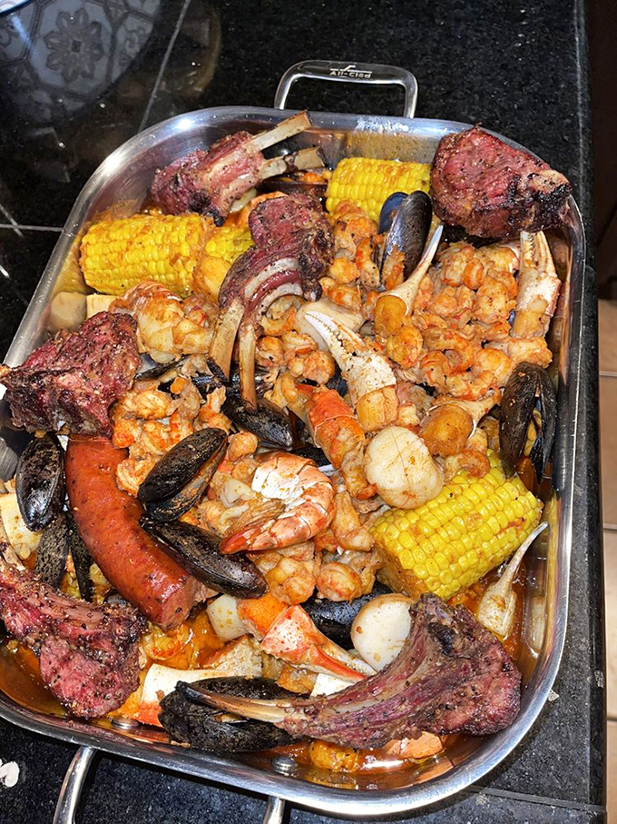 The seafood motherlode has arrived! Shrimp, mussels, corn, sausage, and crab all swimming in seasoned glory. This isn't a meal&mdash;it's a celebration.
