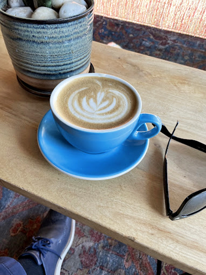 That blue cup cradles liquid comfort like it knows you had a rough morning. The ceramic planter seems to be nodding in silent agreement.