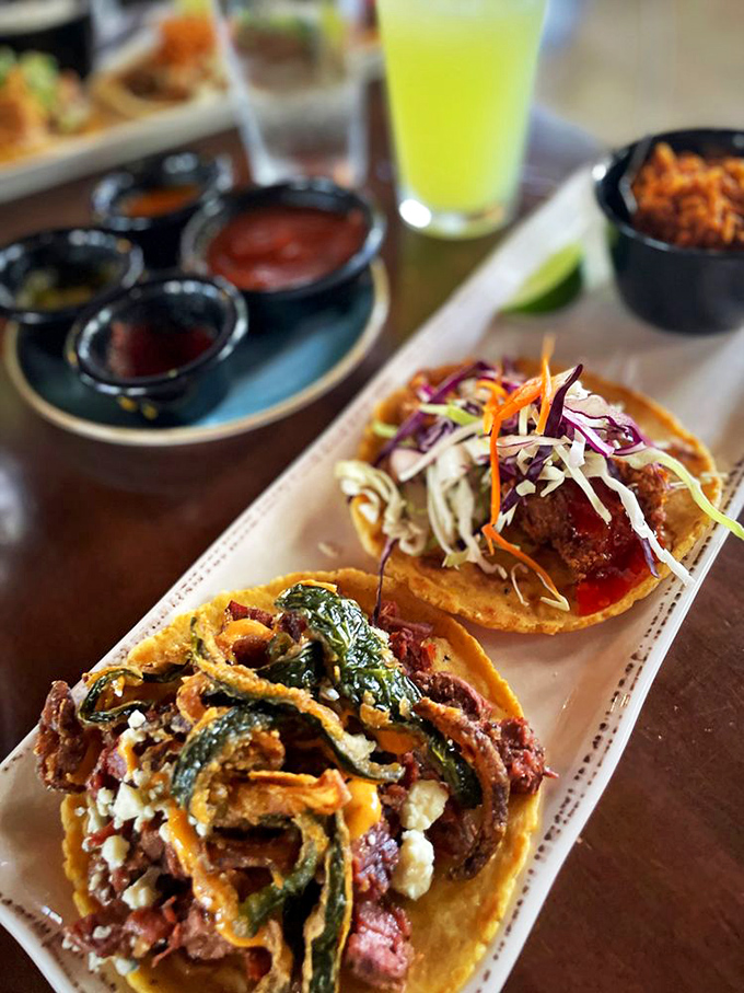 Taco artistry at its finest. That crispy cheese skirt hanging off the edge? That's not an accident&mdash;that's taco engineering at its peak.
