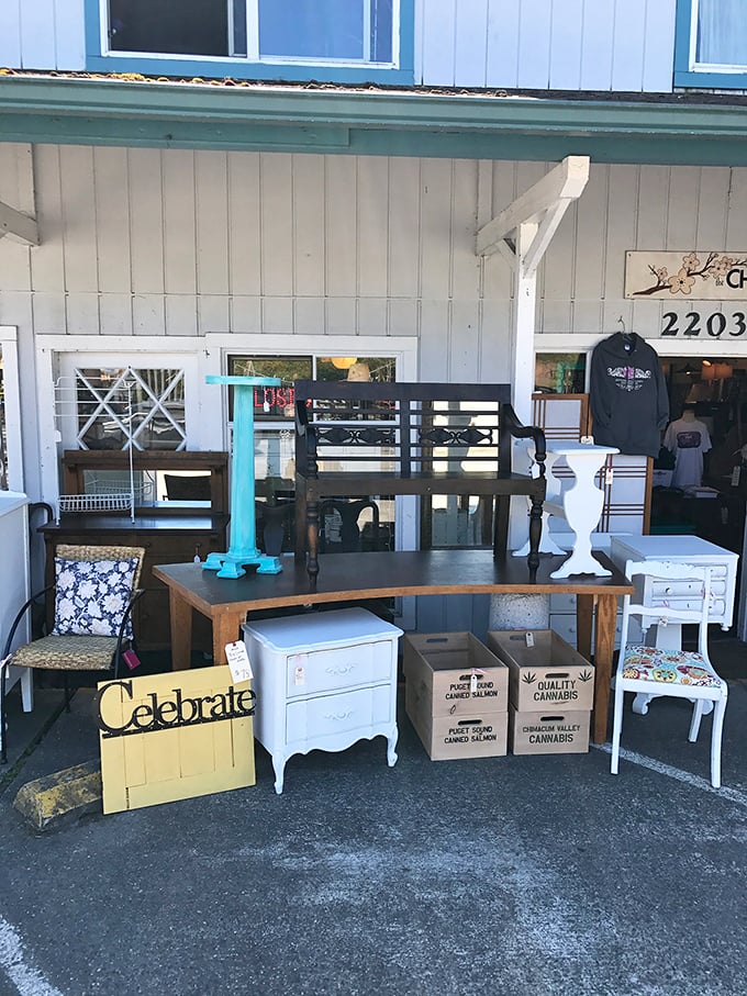 Sidewalk treasures await new homes outside this shop, where "gently used" meets "absolutely must have" in the peculiar alchemy of antique hunting.