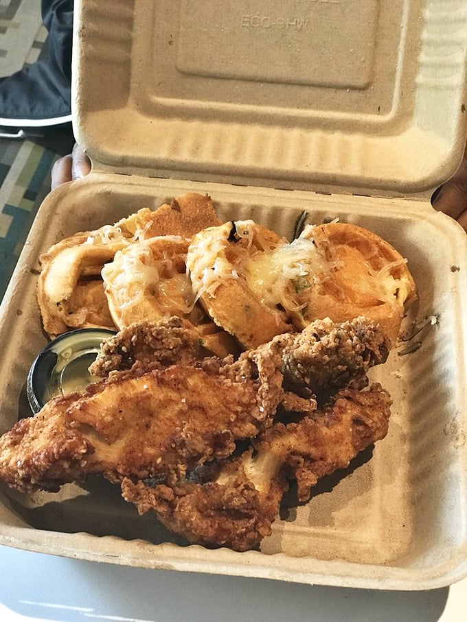 Even in a to-go container, these chicken and waffles maintain their dignity. Some meals deserve better than eating hunched over a steering wheel, but we understand the urgency.