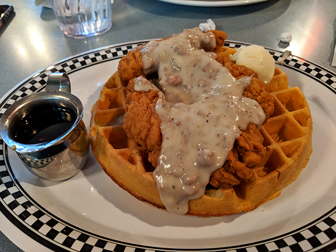 Chicken and waffles: the breakfast equivalent of finding out your favorite band is playing in your backyard. That sausage gravy blanket takes comfort food to new heights.