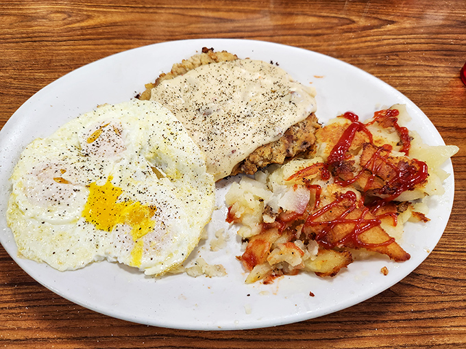 Breakfast of champions? More like breakfast of food gods! This chicken fried steak with eggs is the kind of meal that makes you want to high-five your taste buds.