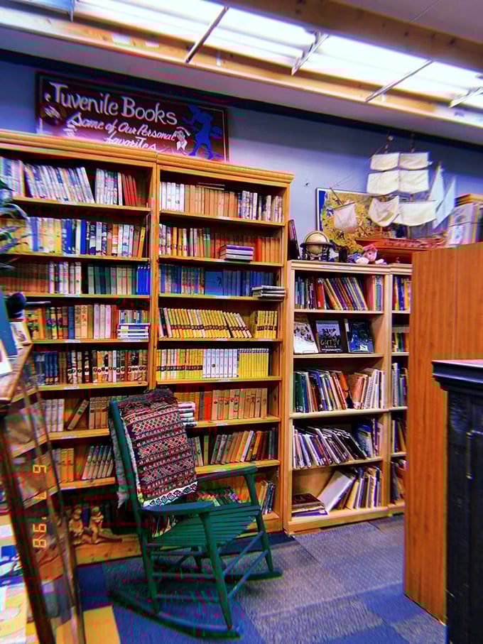 A rocking chair invites parents and children to journey through childhood classics. That ship mural has launched a thousand imaginations.