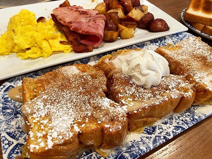 Breakfast that looks like it belongs on a magazine cover &ndash; golden French toast with ham and home fries that turn morning hunger into culinary excitement.