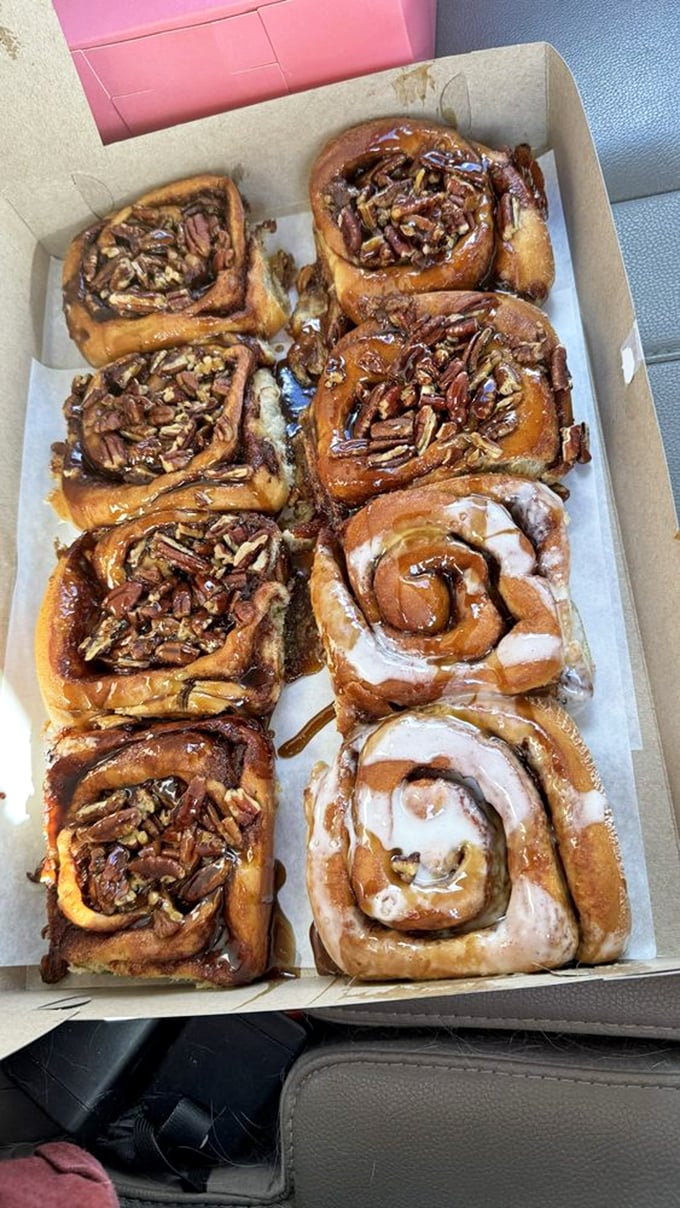 Box of joy: half original cinnamon rolls, half pecan sticky buns. The car ride home becomes an exercise in remarkable self-control.