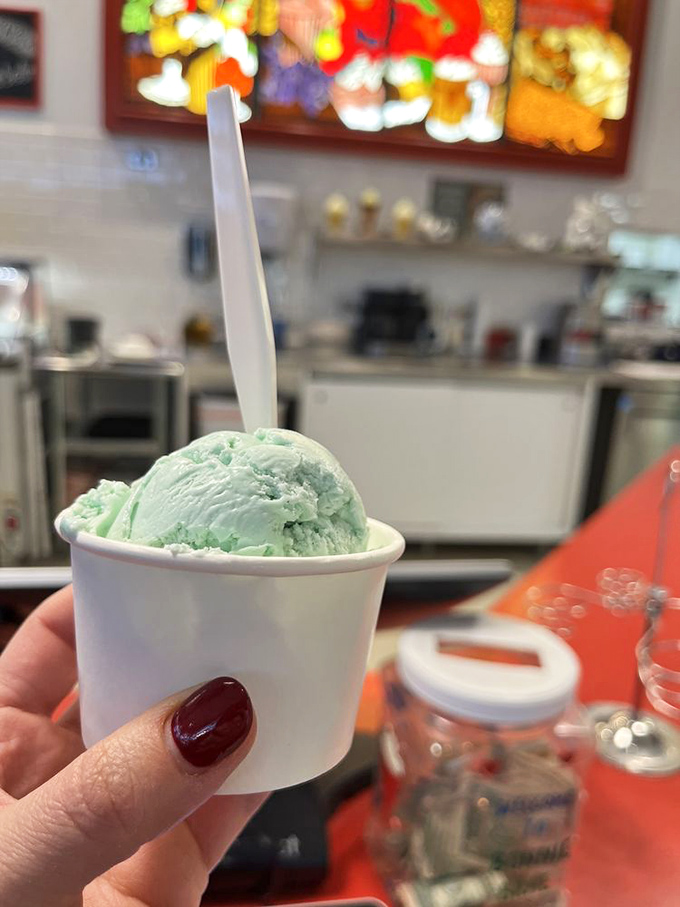 That perfect scoop of mint ice cream, the color of optimism, sitting pretty in its cup like a little pool of frozen possibility.