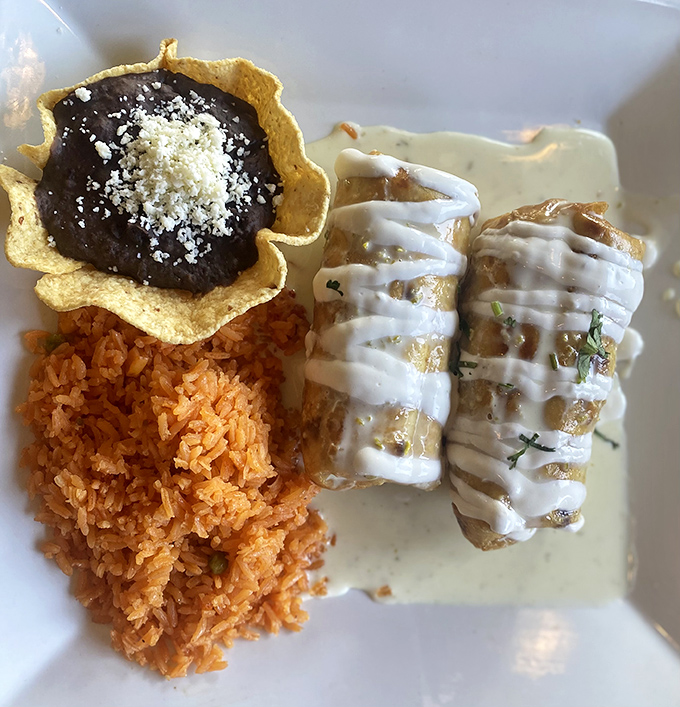 Architecture students should study these chimichangas&mdash;structurally sound yet delicate, with the rice and beans playing perfect supporting roles to our deep-fried stars.