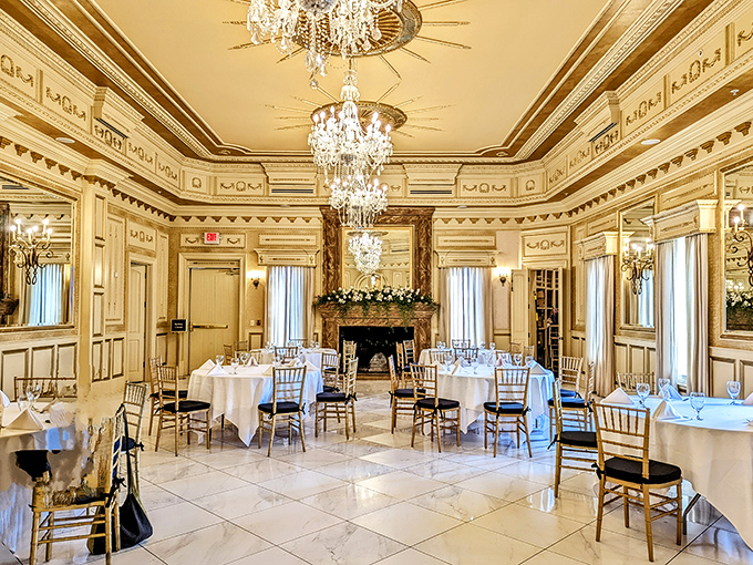 The grand ballroom transforms dining into a regal affair. Crystal chandeliers and ornate detailing make every meal feel like a state dinner.