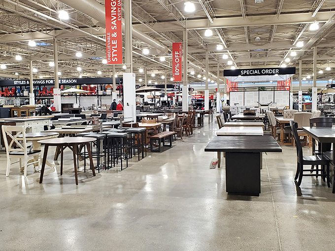 Dining sets stand at attention, each silently promising to host everything from Thanksgiving feasts to Tuesday night pizza parties.