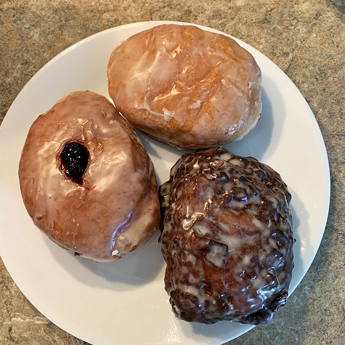 The holy trinity of Kane's offerings: glazed perfection, jelly-filled wonder, and the legendary apple fritter &ndash; a balanced breakfast by Massachusetts standards.
