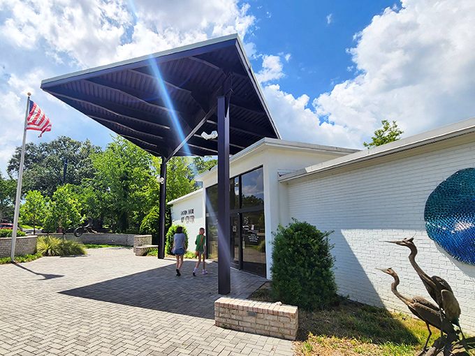 The Eastern Shore Art Center welcomes visitors with sculptural herons that seem to say, "Yes, we appreciate both art AND irony down here."