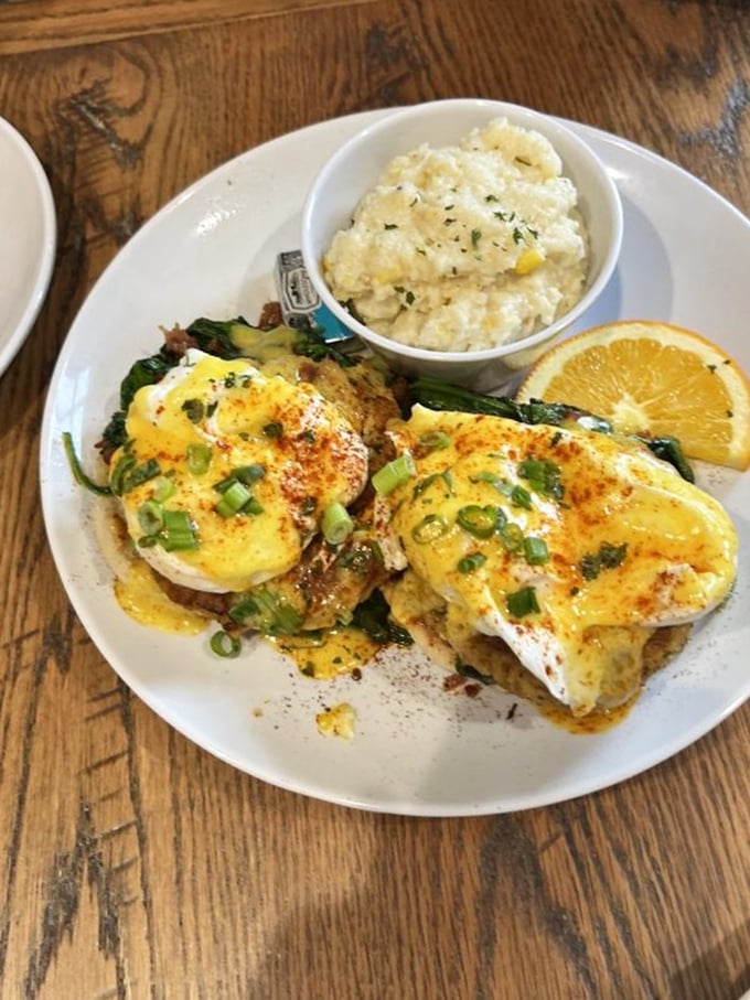 Breakfast with gravy credentials! This country-style feast comes with crispy potatoes that could make a hash brown weep with inadequacy.
