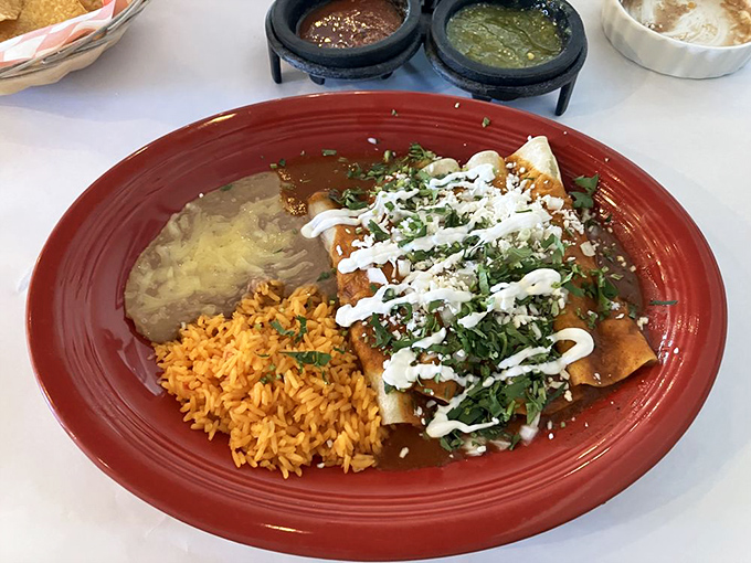 A perfect trinity: enchiladas, refried beans, and that sunset-orange Mexican rice. This plate doesn't just feed your body&mdash;it nourishes your soul.