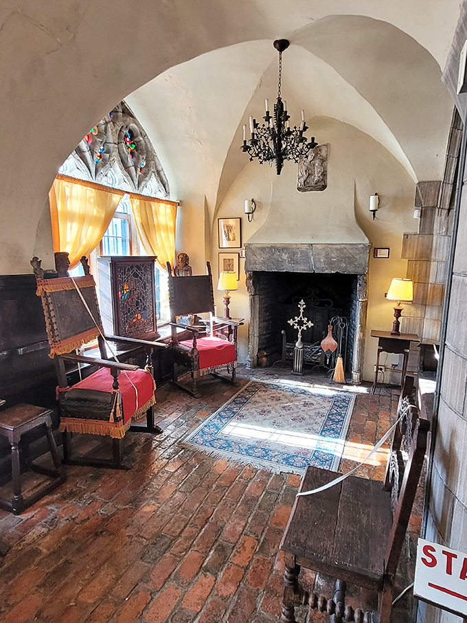 Vaulted ceilings, stone fireplace, and antique furniture&mdash;the perfect setting for contemplating life's big questions or plotting your next crusade.