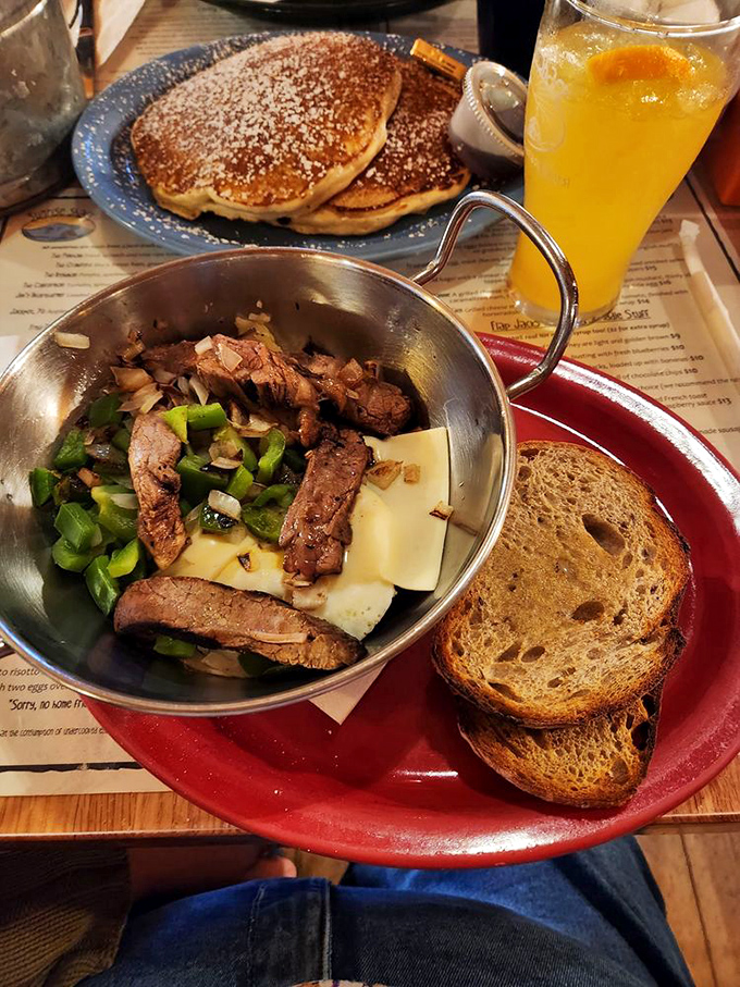 This skillet of steak, veggies, and melty cheese isn't just breakfast&mdash;it's fuel for conquering mountains, literally and figuratively.