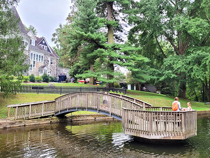 A wooden footbridge arches gracefully over still waters, offering a moment of serenity before diving back into the mechanical marvels.