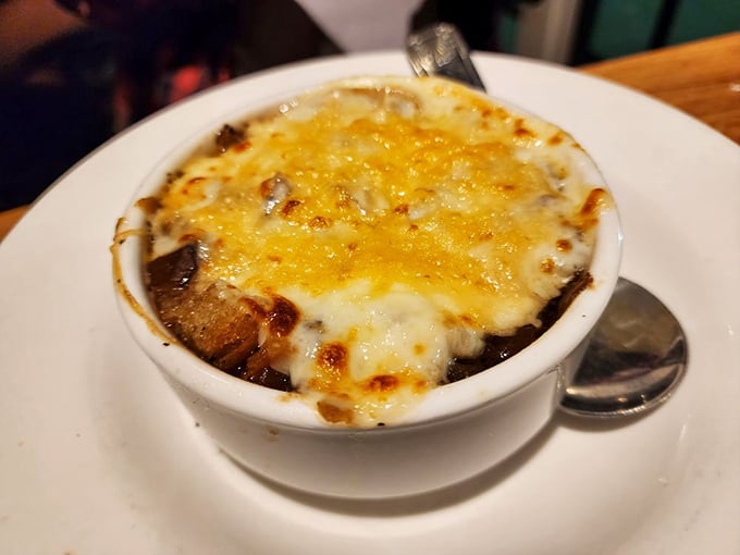 French onion soup that's achieved the perfect cheese-to-broth ratio—a bubbling masterpiece that's worth the inevitable chin dribble.