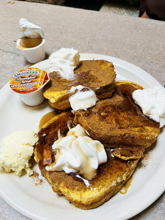 French toast that's had a spa day&mdash;pampered with cinnamon, crowned with whipped cream, and looking absolutely ready for its close-up. Breakfast royalty, indeed.
