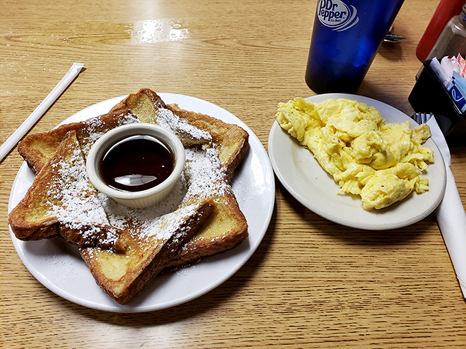 Breakfast perfection doesn't need to be complicated. Fluffy scrambled eggs alongside that famous French toast create a morning duet worth setting alarms for.