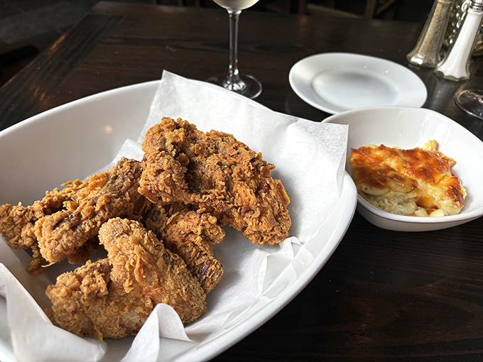 Southern fried chicken served alongside mac and cheese&mdash;a combination so perfect it makes you wonder why we bother with other food groups.