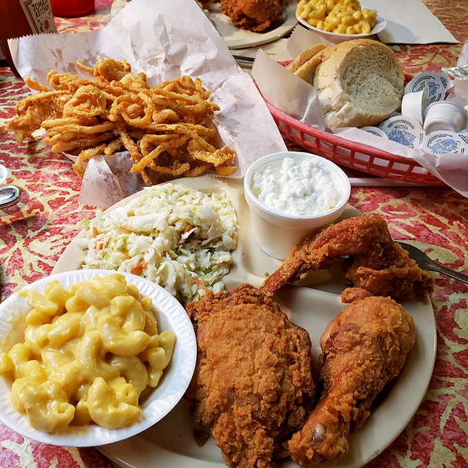 A plate that screams "Midwest love language"&mdash;where mac and cheese counts as a vegetable and coleslaw provides all necessary roughage.