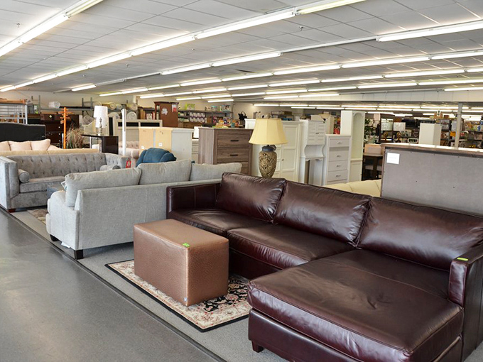 Leather sectionals and plush sofas await new homes. Like dating in your 50s, these pieces come with character but plenty of comfortable life left.