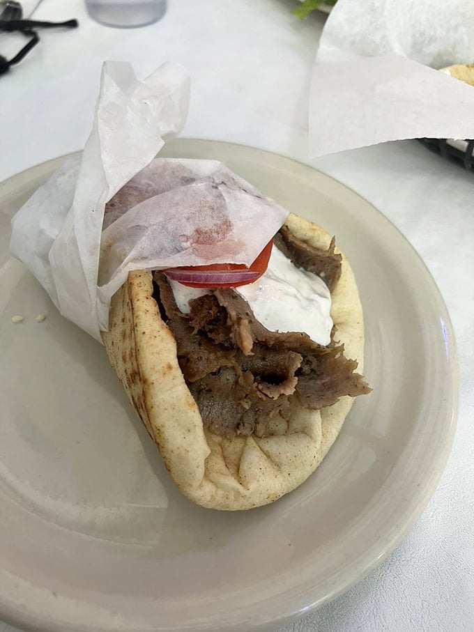 Look at that gyro in all its glory&mdash;tender meat, fresh tomato, and tzatziki peeking out like it knows it's the star of the show.