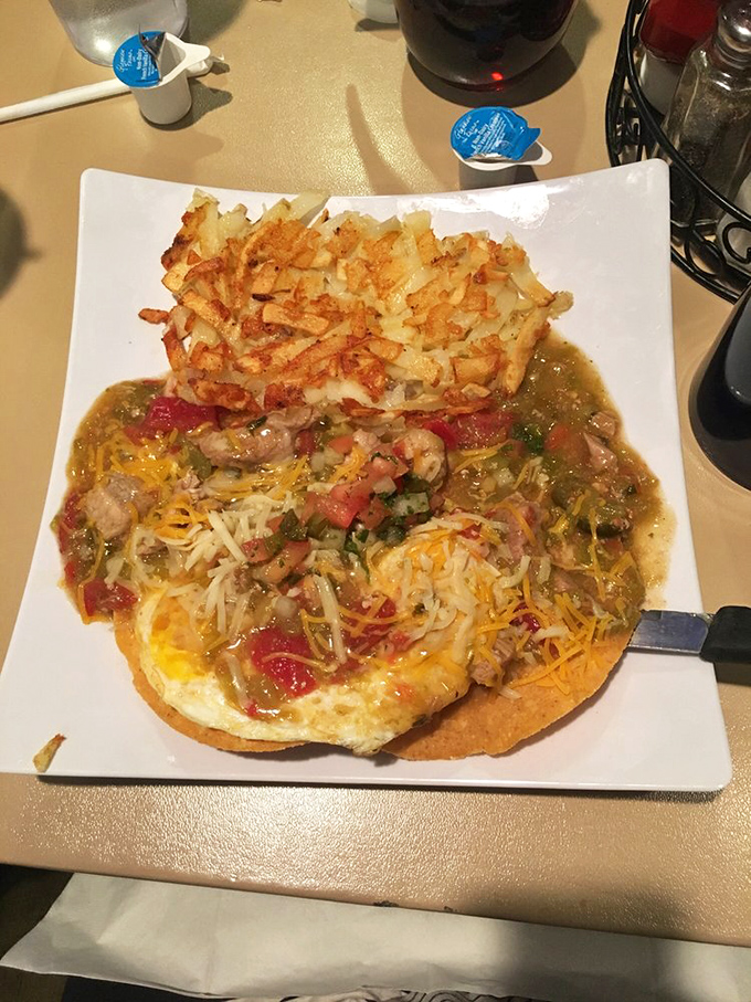 Where Southwest meets Midwest in perfect harmony. Those hash browns create the ideal crispy foundation for this fiesta of flavors.