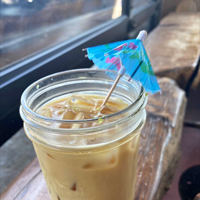 Summer salvation comes in a mason jar&mdash;this iced coffee with its tiny umbrella isn't just a drink, it's a miniature vacation.
