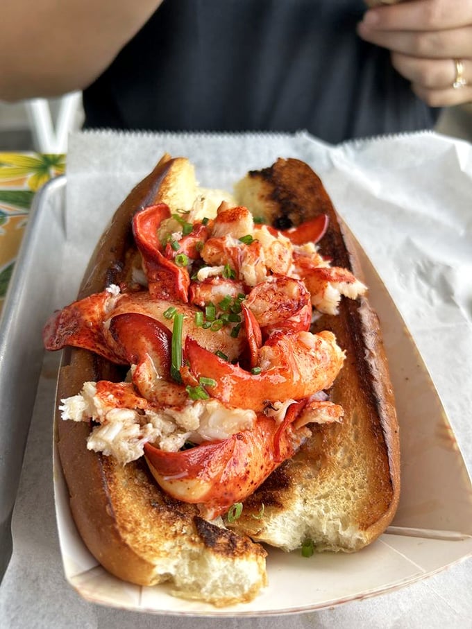 Lobster roll perfection that would make a New Englander weep with joy. The buttery toasted roll cradles sweet lobster meat like it was born for this purpose.