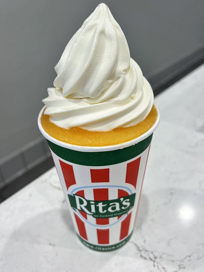 The perfect marriage: creamy vanilla custard atop vibrant Italian ice. Like Romeo and Juliet, but with a much happier ending.