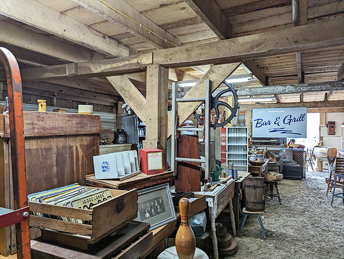 Industrial chic before it was cool&mdash;exposed beams, weathered wood, and treasures organized with beautiful chaos. The "Bar & Grill" sign isn't for sale, but everything else is negotiable.