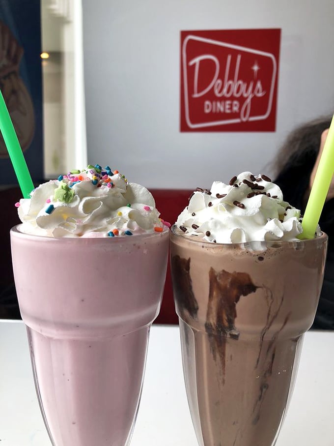 Pink meets chocolate in this milkshake showdown. The colorful sprinkles say "party," while the chocolate says "sophisticated indulgence."