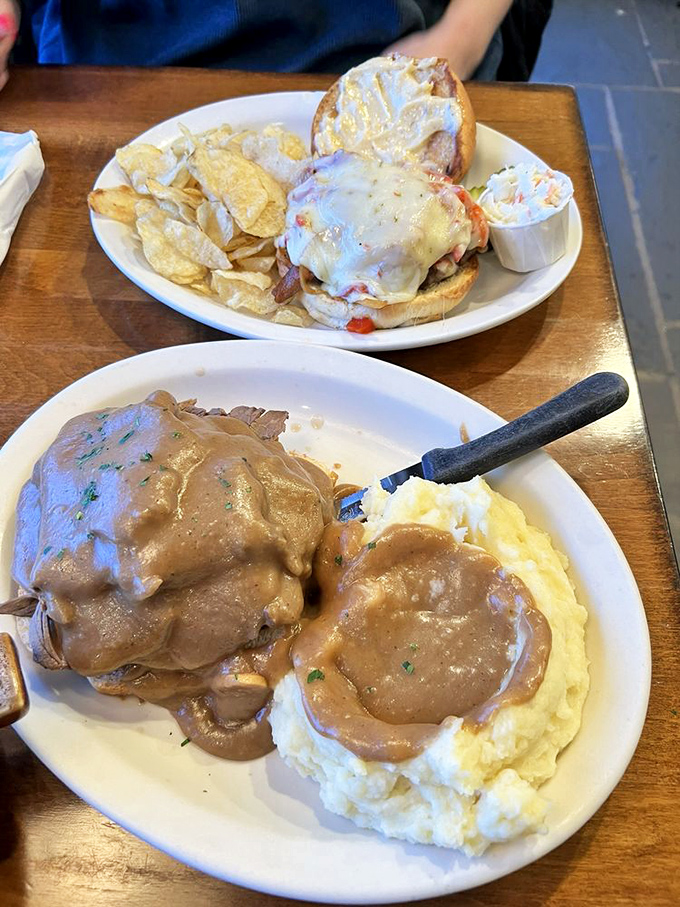 The open-faced roast beef sandwich: where gravy meets mashed potatoes in a relationship more perfect than any Hollywood romance.
