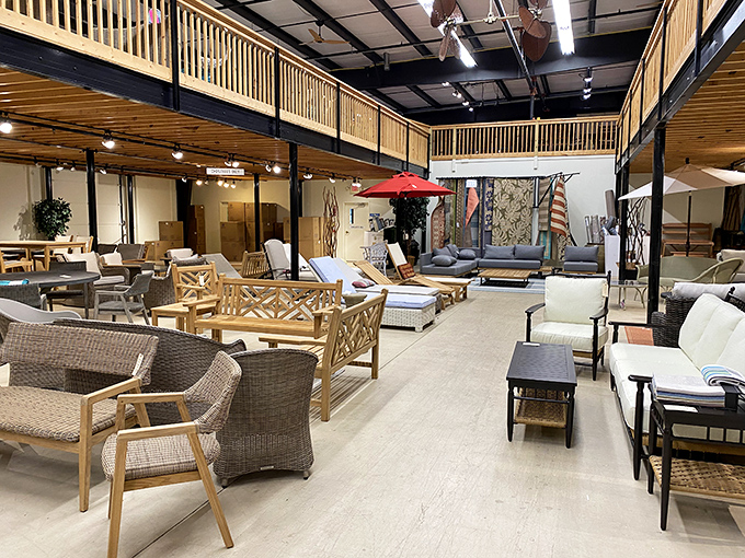 The outdoor furniture building showcases everything from classic Adirondack chairs to elaborate patio setups worthy of a Hamptons summer home.