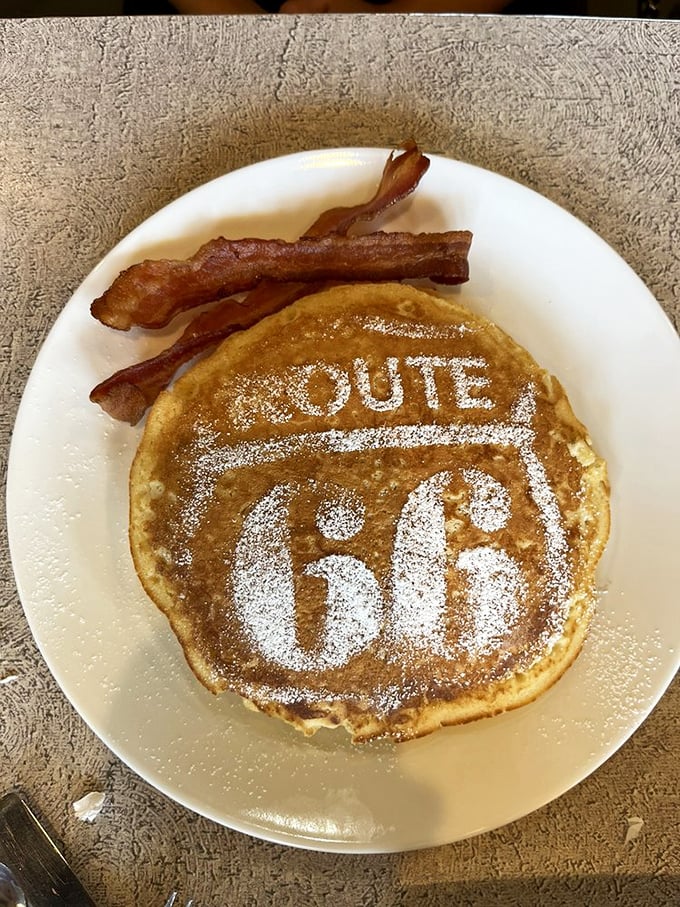 Not just any pancake&mdash;a Route 66 pancake. The powdered sugar shield emblem makes this breakfast both Instagram-worthy and a delicious homage to the Mother Road.