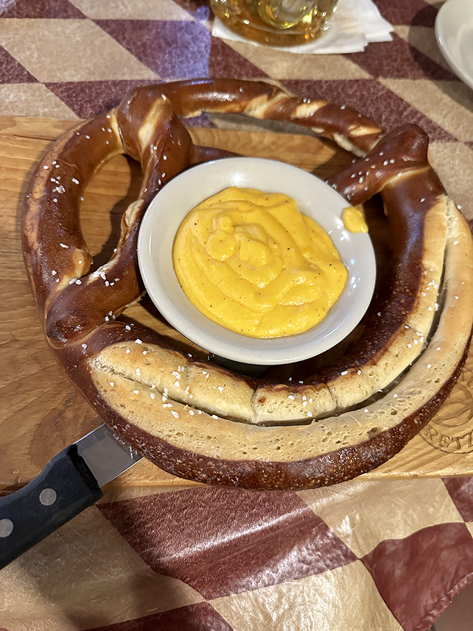 That vibrant yellow cheese sauce isn't just a dip&mdash;it's a molten treasure bath waiting for your pretzel to take the plunge. Resistance is futile.